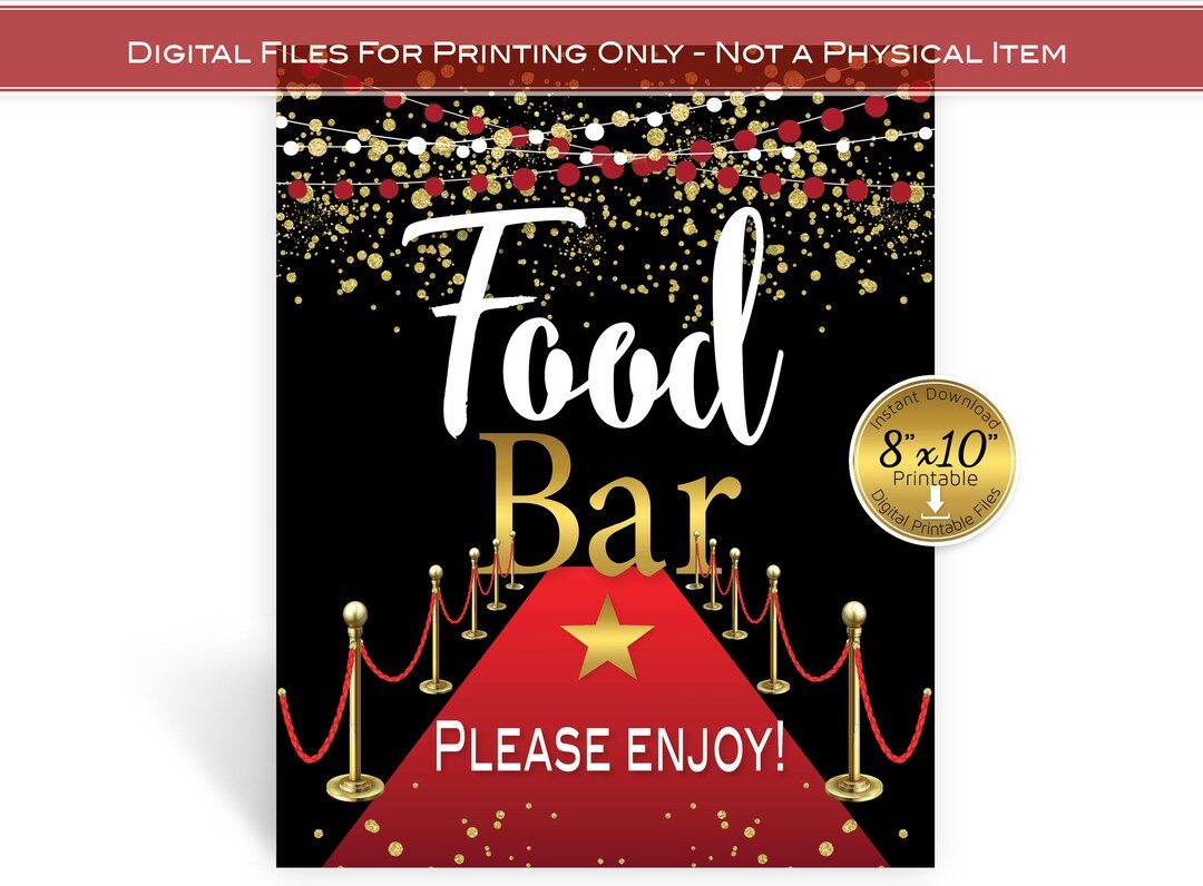 Food Bar Sign 8x10 Printable | Red Carpet | Gold Confetti Garland ...