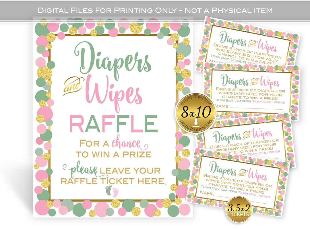 Diapers and Wipes Raffle 8x10 Sign and 3.5x2 Tickets Gender Reveal Baby Shower Pink Sage and ...