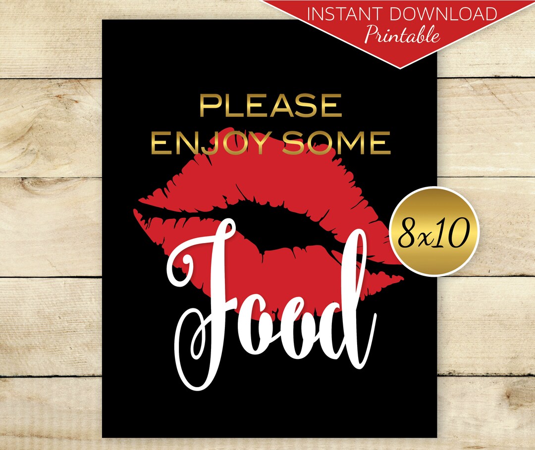 Food 8x10 Printable Birthday Table Sign Red Kissing Lips Red Black Gold ...