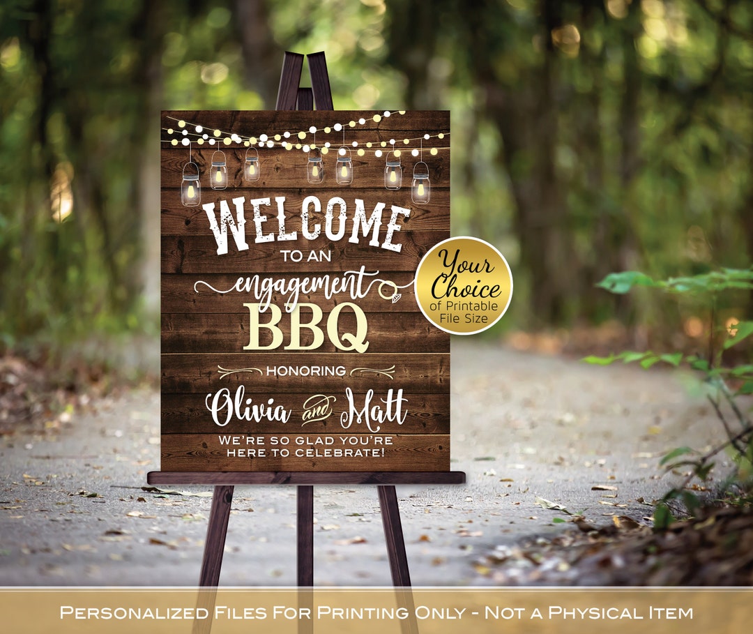 BBQ Engagement Party Welcome Sign: Faux Wood, Garland Lights (printable ...