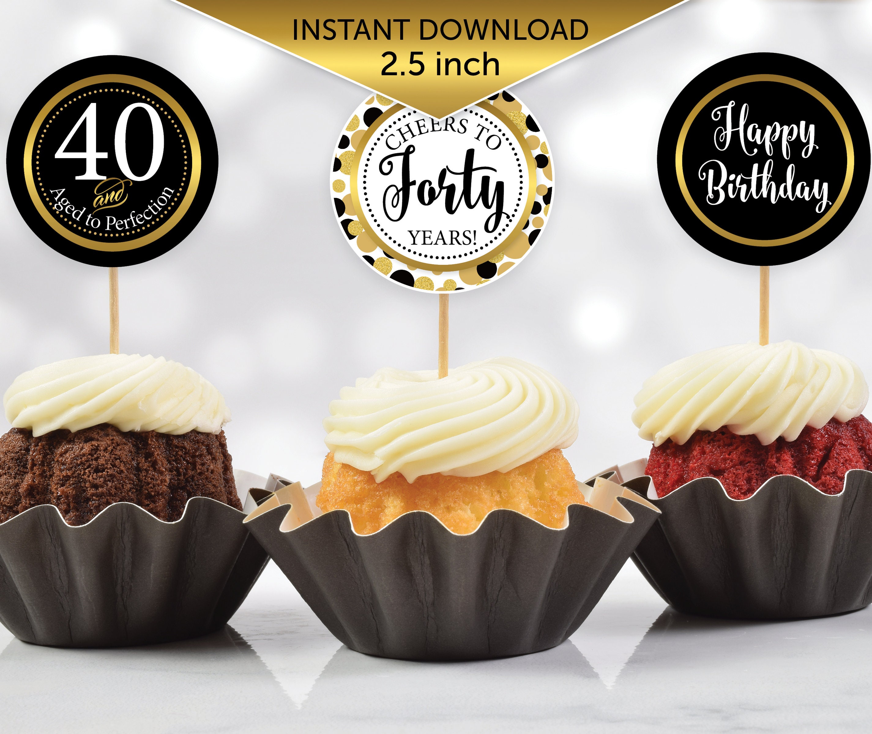 Round Cupcake Toppers 40th Birthday Man Digital Printable - Etsy