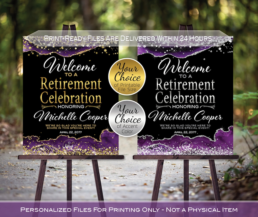 Retirement Celebration Welcome Sign Printables | Purple and Black ...