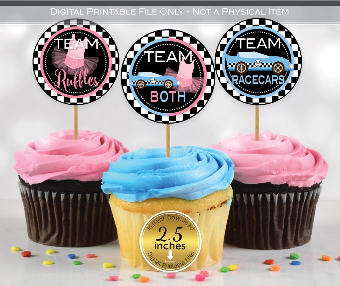 Team Racecars Ruffles or Both Twins Gender Reveal Cupcake Toppers | 2.5 ...