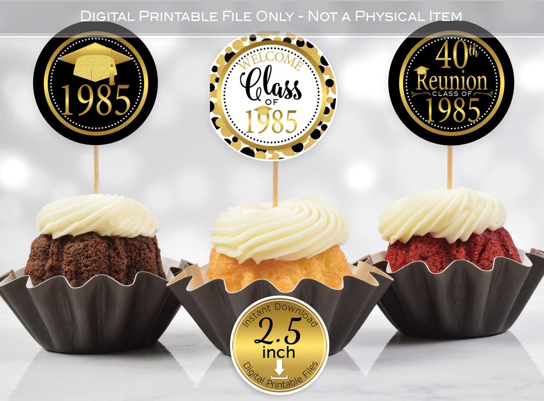Round Cupcake Toppers | 40th Reunion Class of 1985 | 2.5 Inches | Black ...