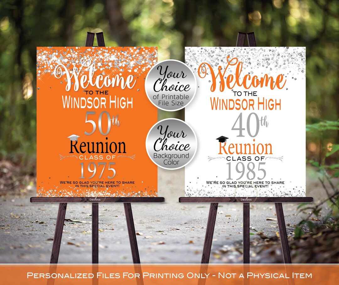 Personalized Class Reunion Welcome Sign: Silver Confetti on Orange or ...