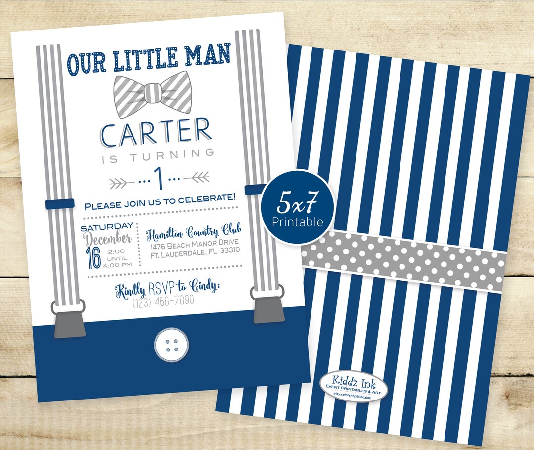 Our Little Man Birthday Invitation Bow Tie & Suspenders 5x7 Navy and ...