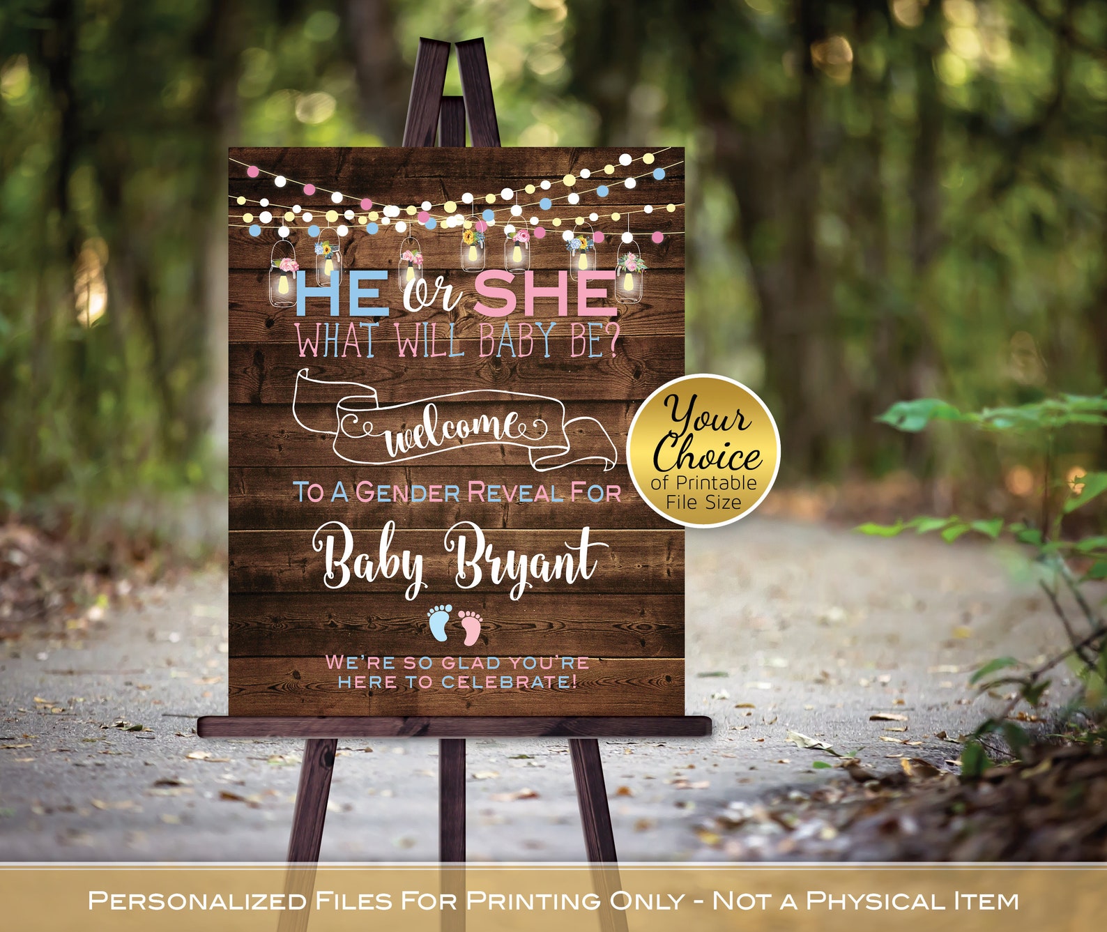 Gender Reveal He or She Welcome Sign Printable | Garland Lights and ...