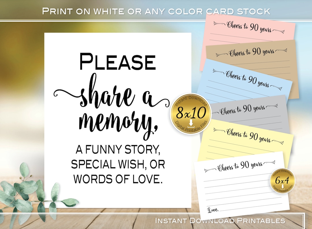 90th Birthday Share a Memory 8x10 Sign and 4x6 Note Cards | Cheers to ...