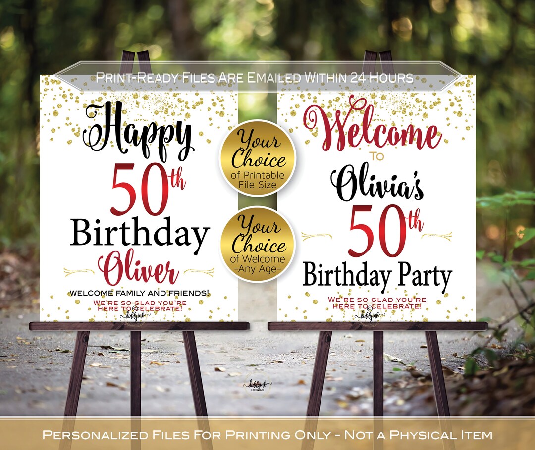 Birthday Welcome Sign Printables Red And Gold On White Gold Confetti