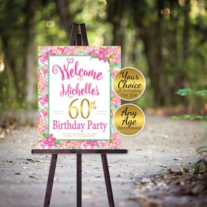 Preppy Pink Floral Birthday Party Welcome Sign Bright Pink | Etsy