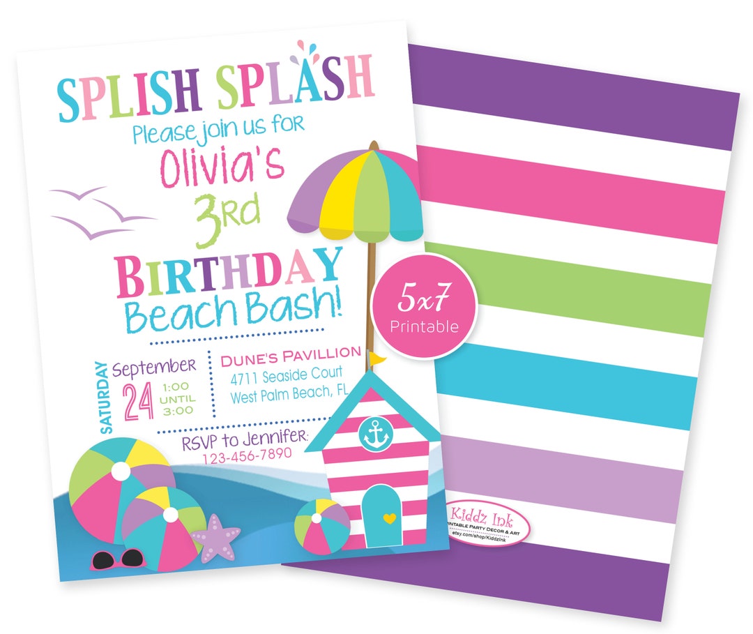 Girl's Beach Party Birthday Invitation | Beach Bash | Splish Splash ...