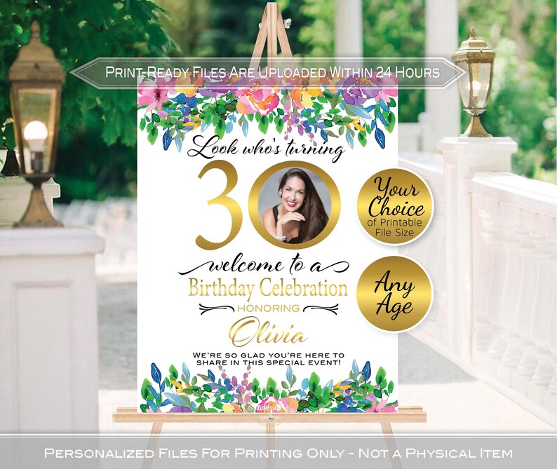 Floral Birthday Welcome Sign With Photo (digital Files) - Etsy