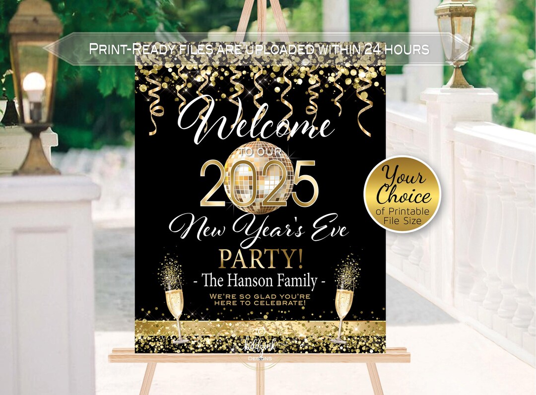 New Year's 2025 Welcome Sign Party Printable Disco Ball Faux Gold Foil ...
