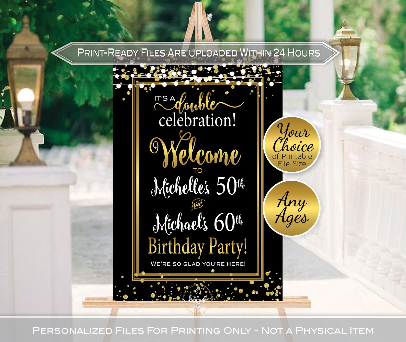 Double Birthday Welcome Sign Printable | Black Gold | Two Honorees ...