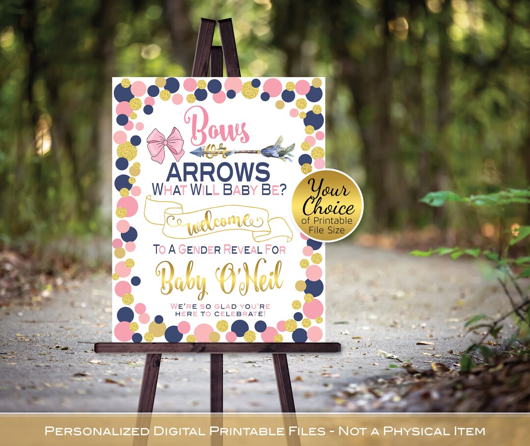 Bows or Arrows Gender Reveal Welcome Sign: Navy, Blush, Gold (printable ...