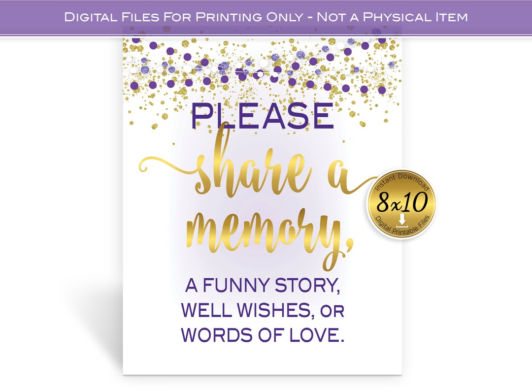 Share a Memory Table Sign 8x10 Printable | Purple Gold White | Garland ...