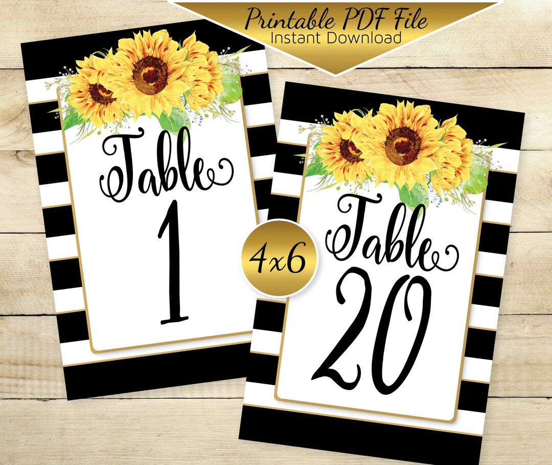 Table Number Signs | 4x6 | Black and White Stripes With Sunflowers ...