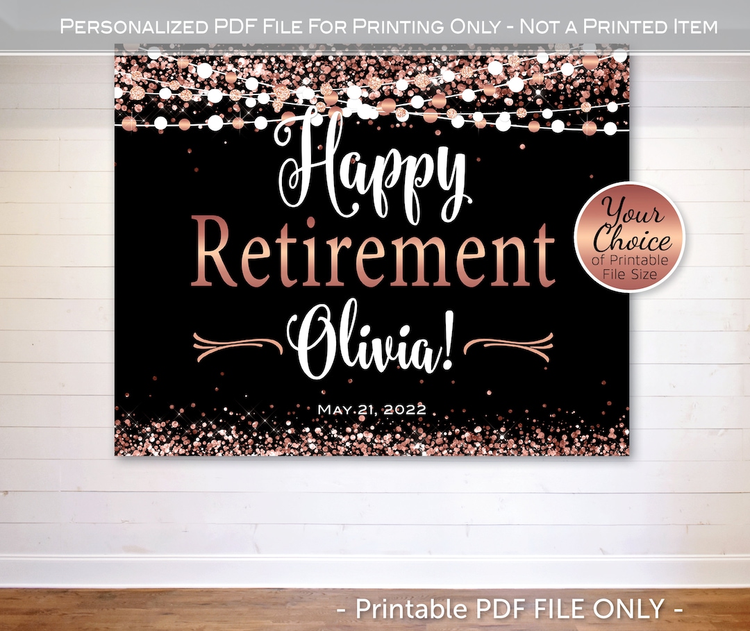 Happy Retirement Backdrop Banner Printable | Rose Gold Confetti | Black ...