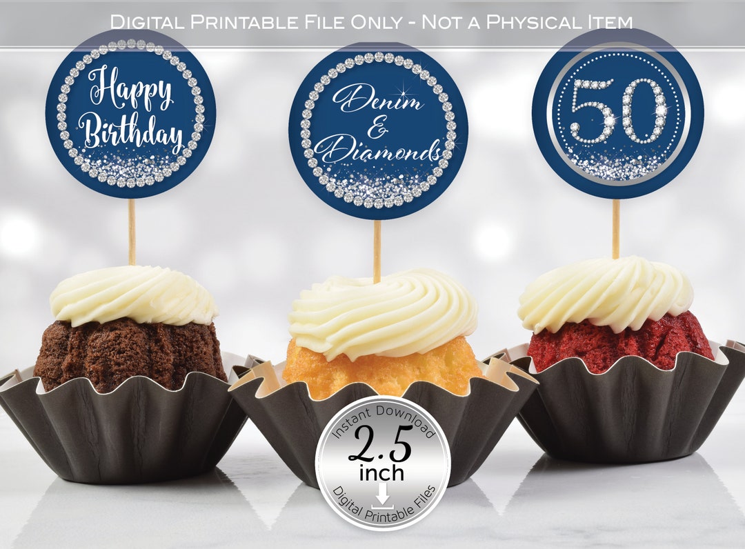 Round Cupcake Toppers | Denim and Diamonds | 50th Birthday | 2.5 Inches ...