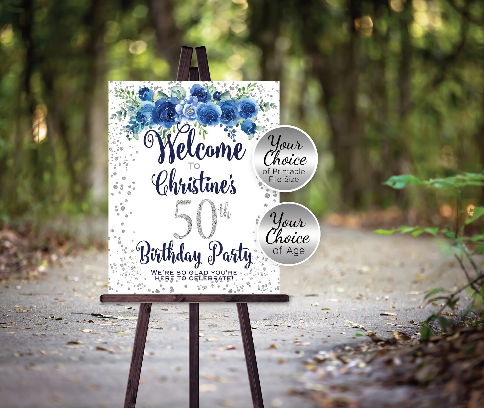 Birthday Welcome Sign Printable Navy Blue Flowers Silver - Etsy