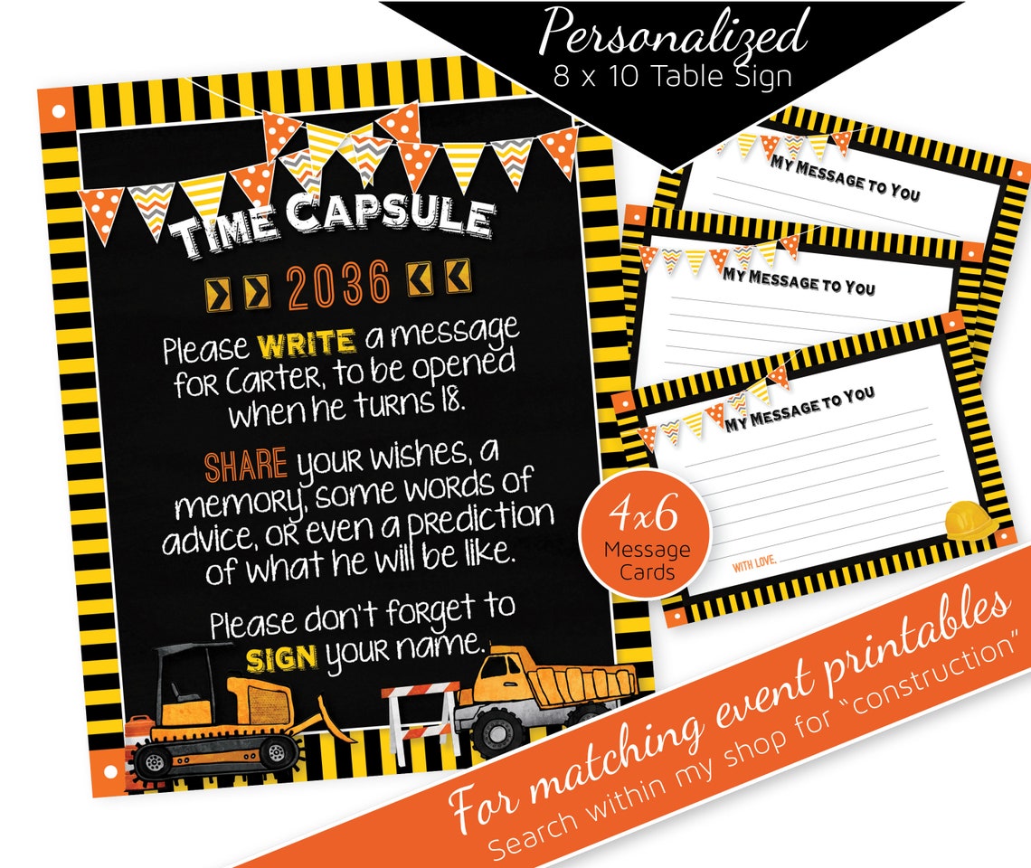 Construction Time Capsule Table Sign With Message Cards 1st - Etsy