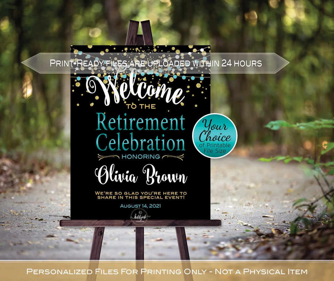 Retirement Celebration Welcome Sign Printable | Garland Lights and Gold ...