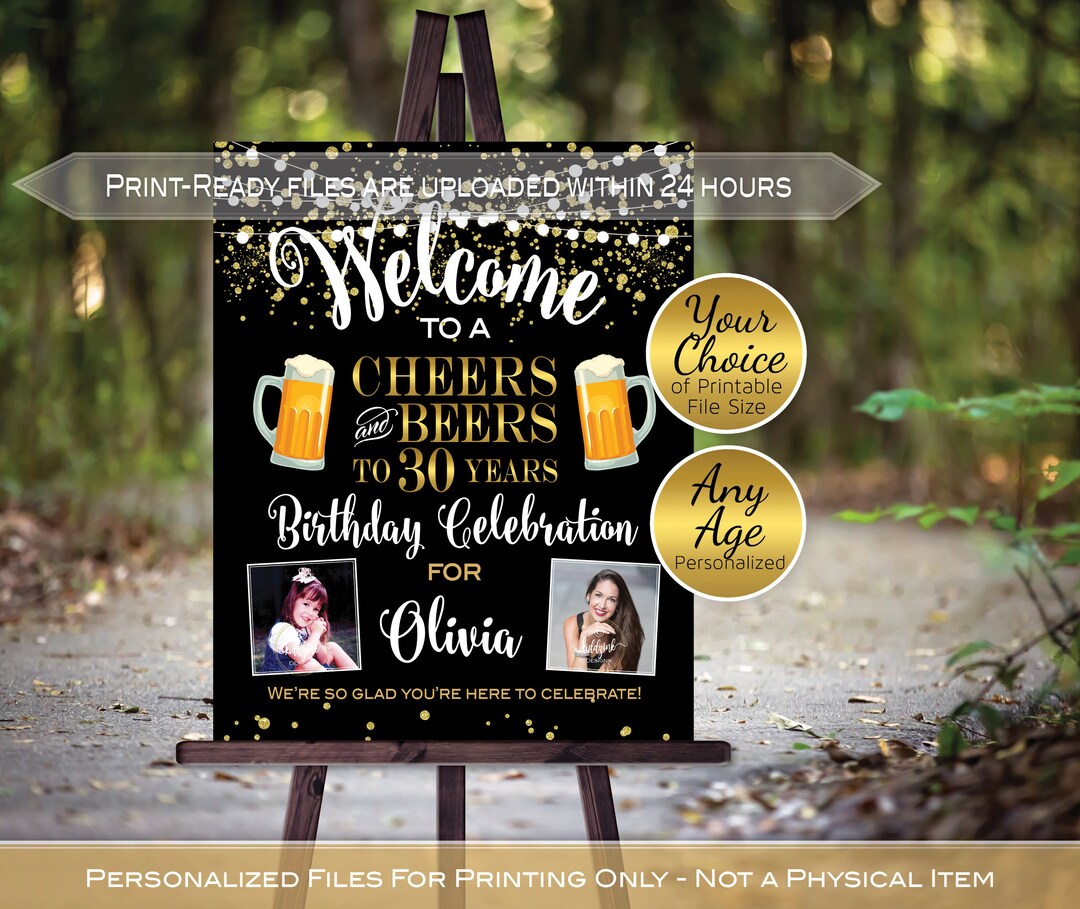 Cheers and Beers Birthday Welcome With Photos | Gold Confetti and ...