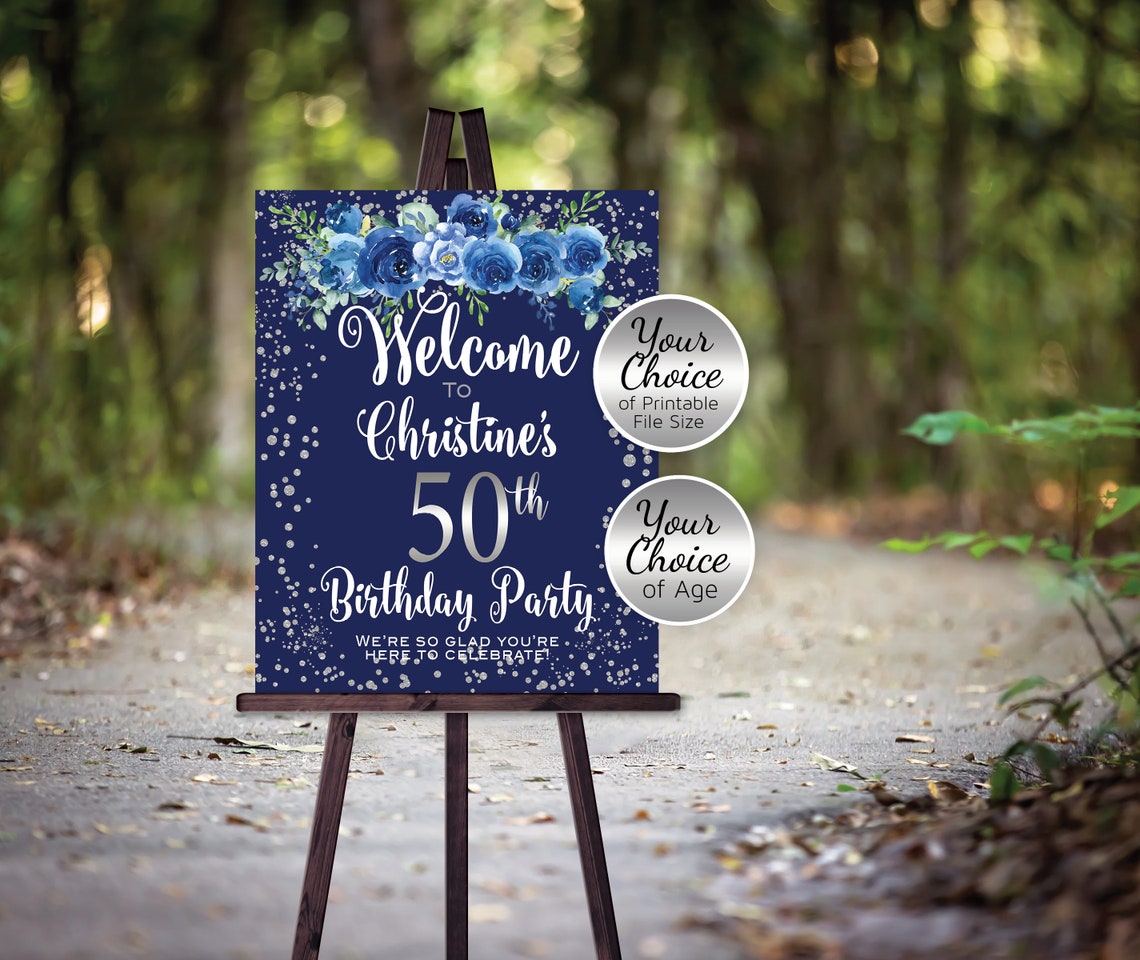 Birthday Welcome Sign Printable Navy Blue Flowers Silver - Etsy