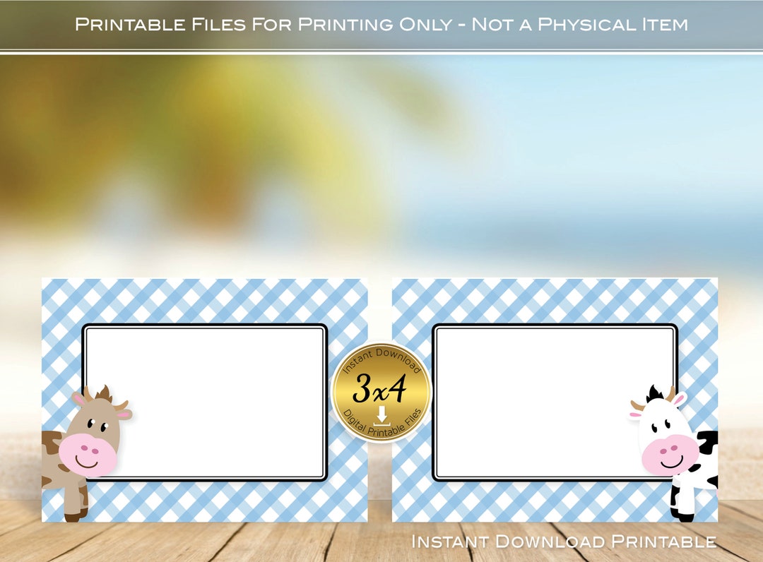 Cow Menu Table Cards | 3x4 Folded | Set of 2 Designs | Blue Gingham ...