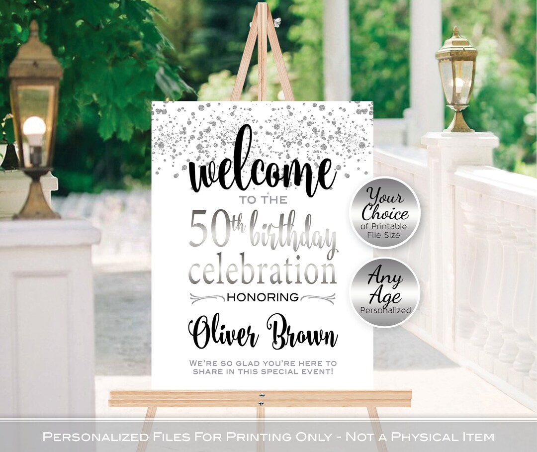 Birthday Celebration Party Welcome Sign Printable | Faux Silver ...
