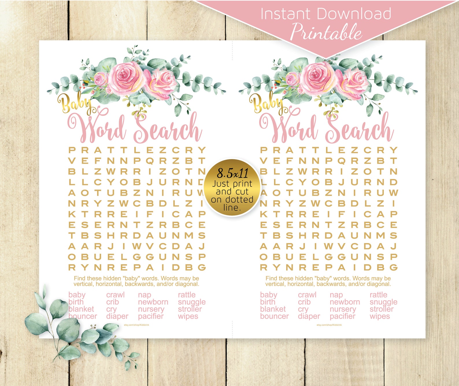 Baby Shower Word Search Game Pink Blush Gold Eucalyptus | Etsy