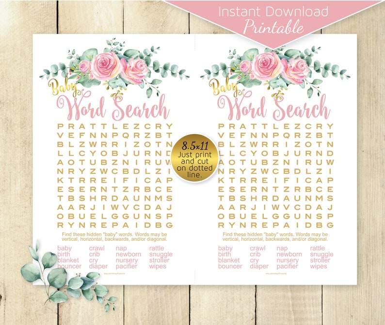Baby Shower Word Search Game Pink Blush Gold Eucalyptus - Etsy