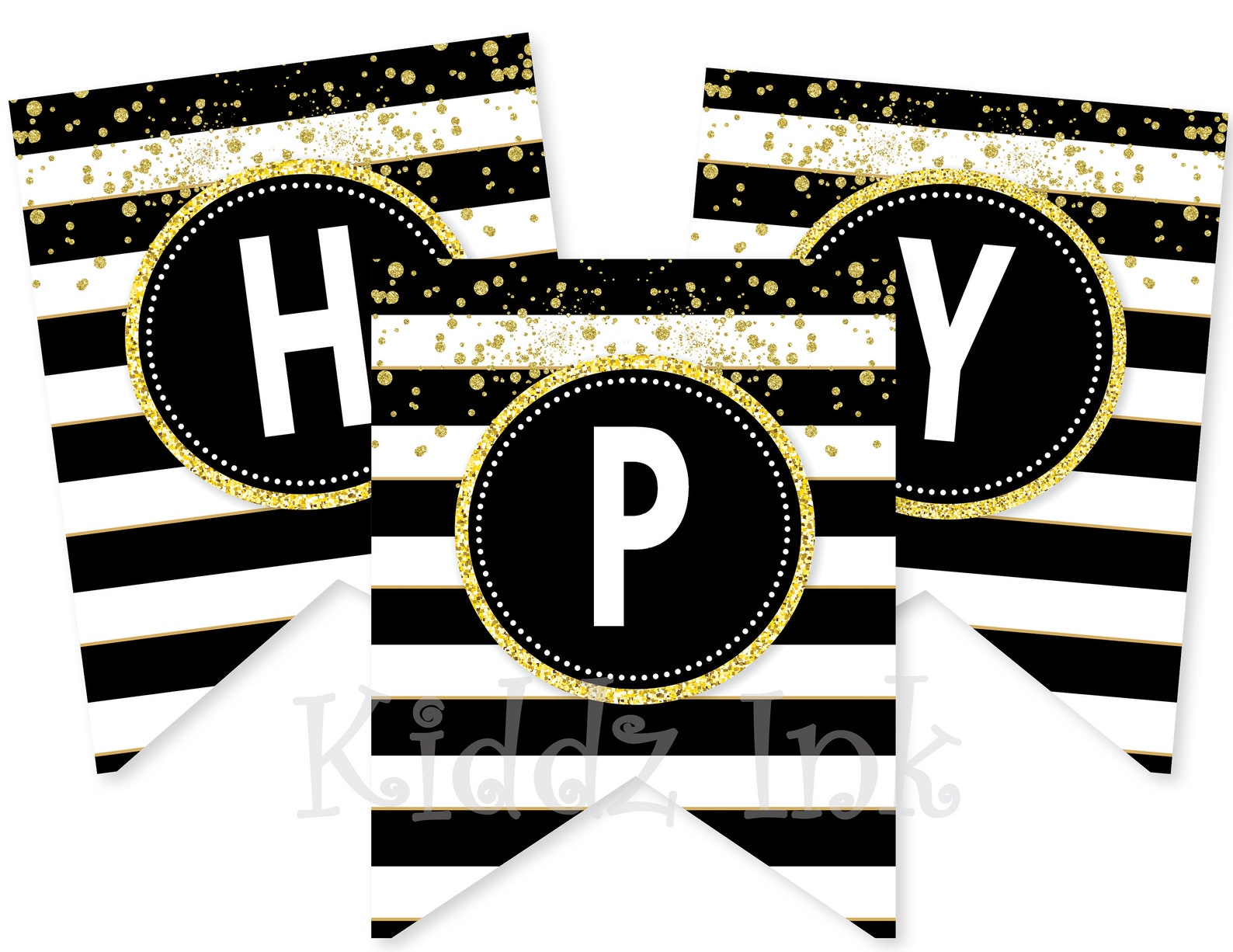 Happy Birthday Pennant Banner for Black Gold Birthday Black | Etsy