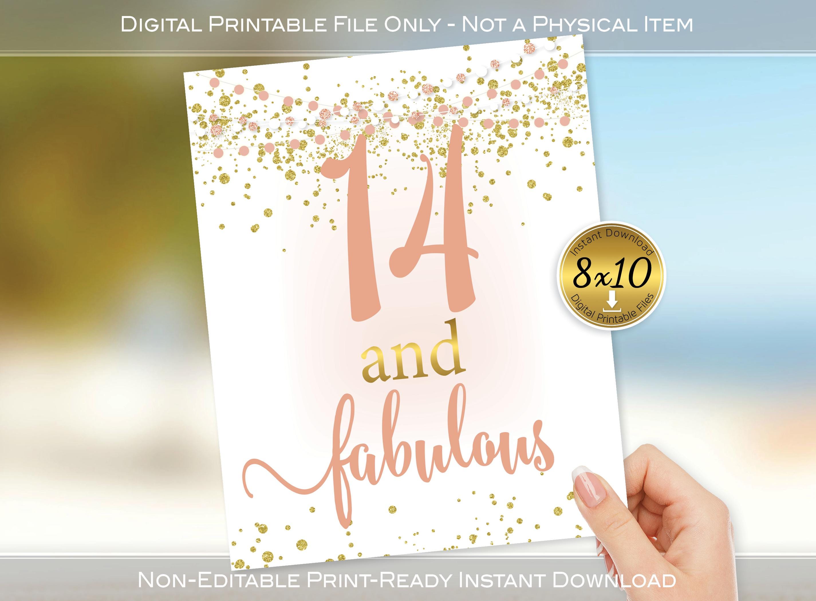14th Birthday 8x10 Printable Sign: Rose Gold Wash, Gold Confetti ...