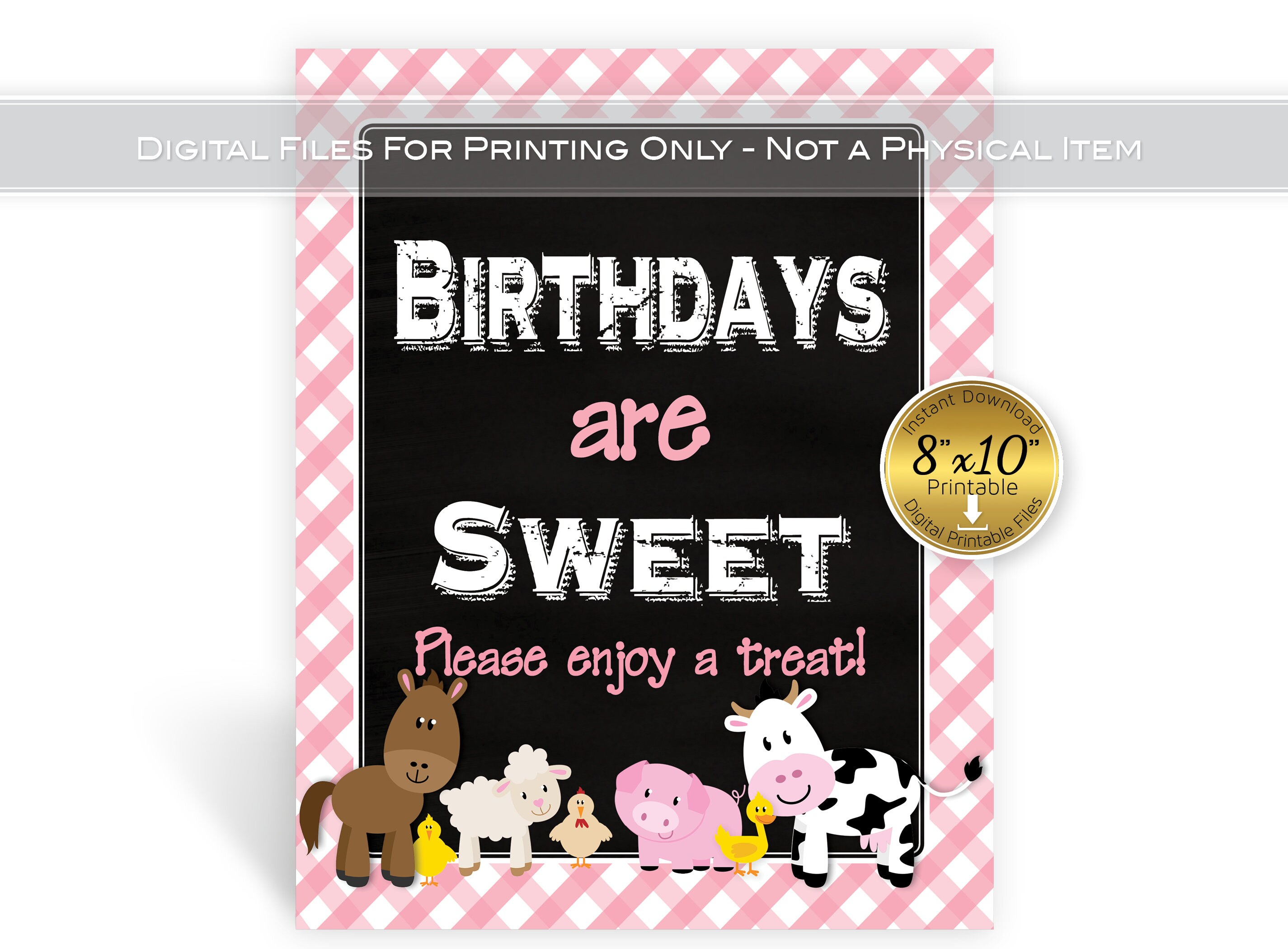 Birthdays Are Sweet Printable 8x10 Sign With Pink Gingham and Barnyard ...