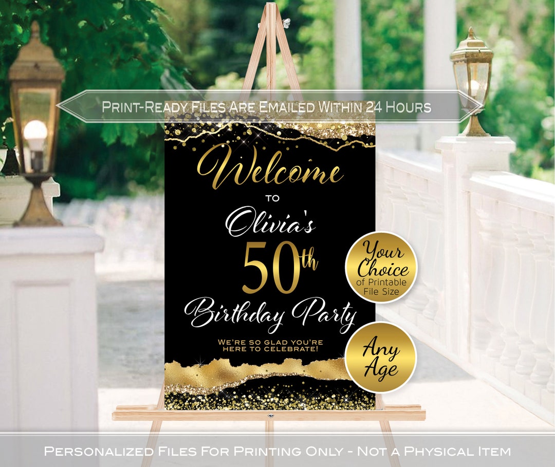 Birthday Welcome Sign Printables Black And Gold Agate Gold Confetti