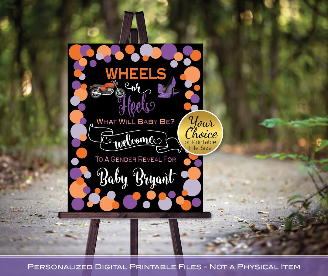 Gender Reveal Wheels or Heels Welcome Sign Printable | Purple and ...