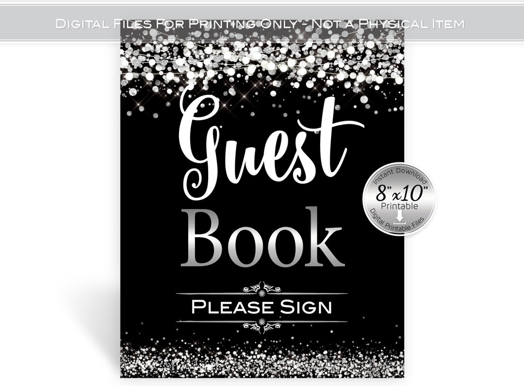 Guest Book Table Sign 8x10 Printable | Faux Silver Confetti on Black ...