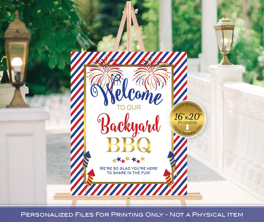 Backyard Patriotic BBQ 16x20 Printable Welcome Sign | Red White Blue ...