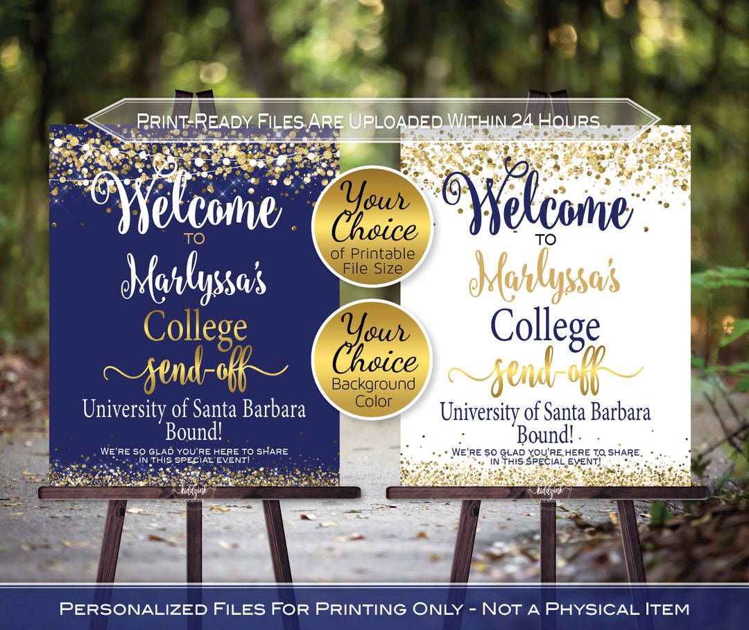 College Send off Party Personalized Welcome Sign: Gold Confetti on Navy ...