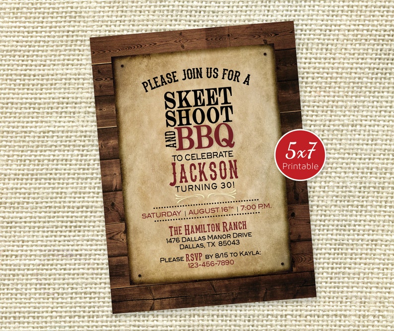 Skeet Shoot and BBQ Birthday Invitation 5x7 Rustic Faux - Etsy