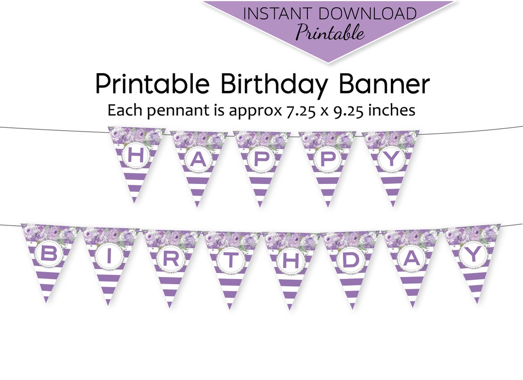 Happy Birthday Pennant Banner Lavender Purple Silver Floral - Etsy
