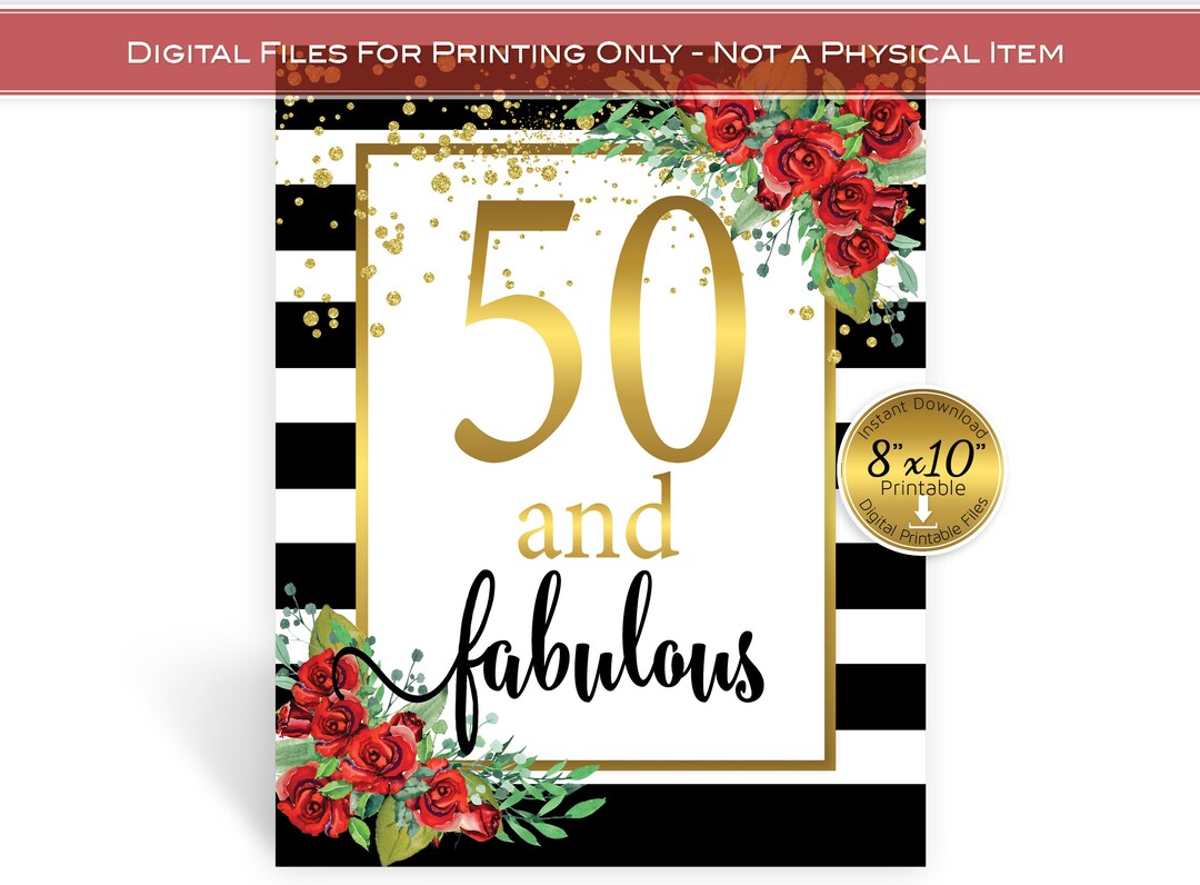 Fifty and Fabulous 50th Birthday 8x10 Table Sign Black White Stripes ...