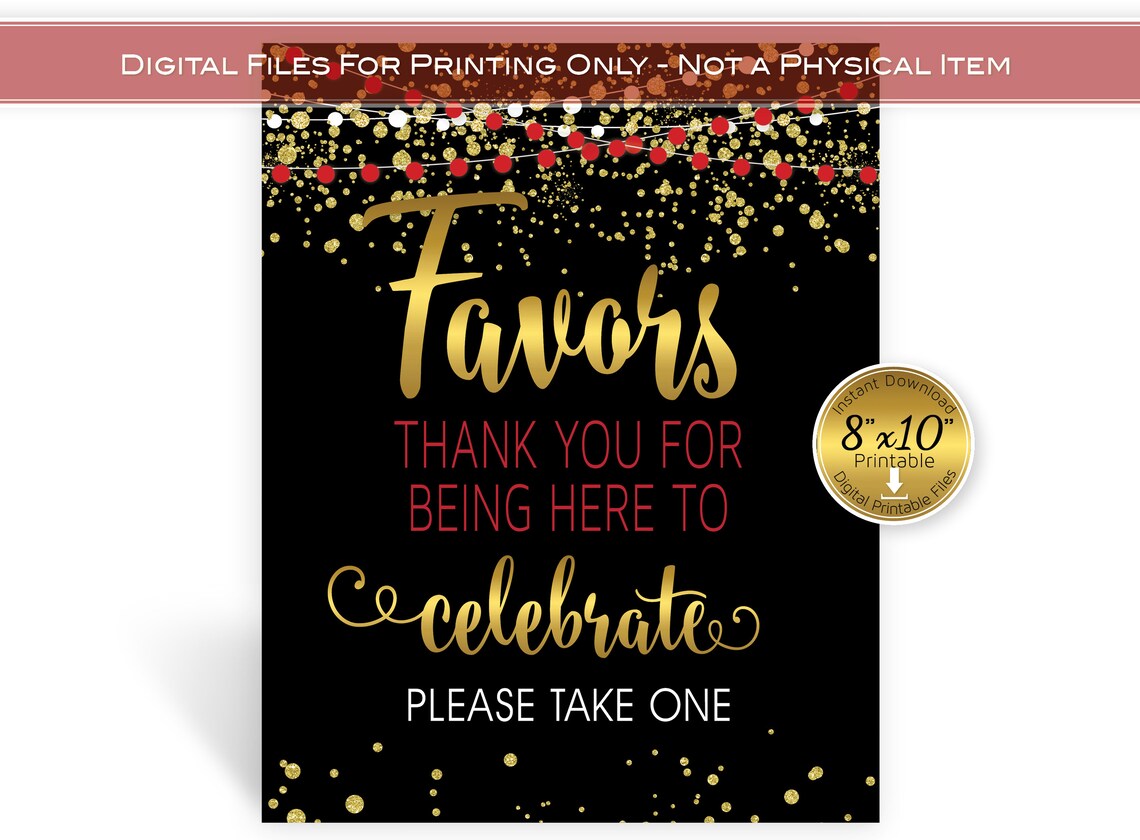 Party Favors Table Sign: Gold Confetti, Red Garland (8x10 Digital ...