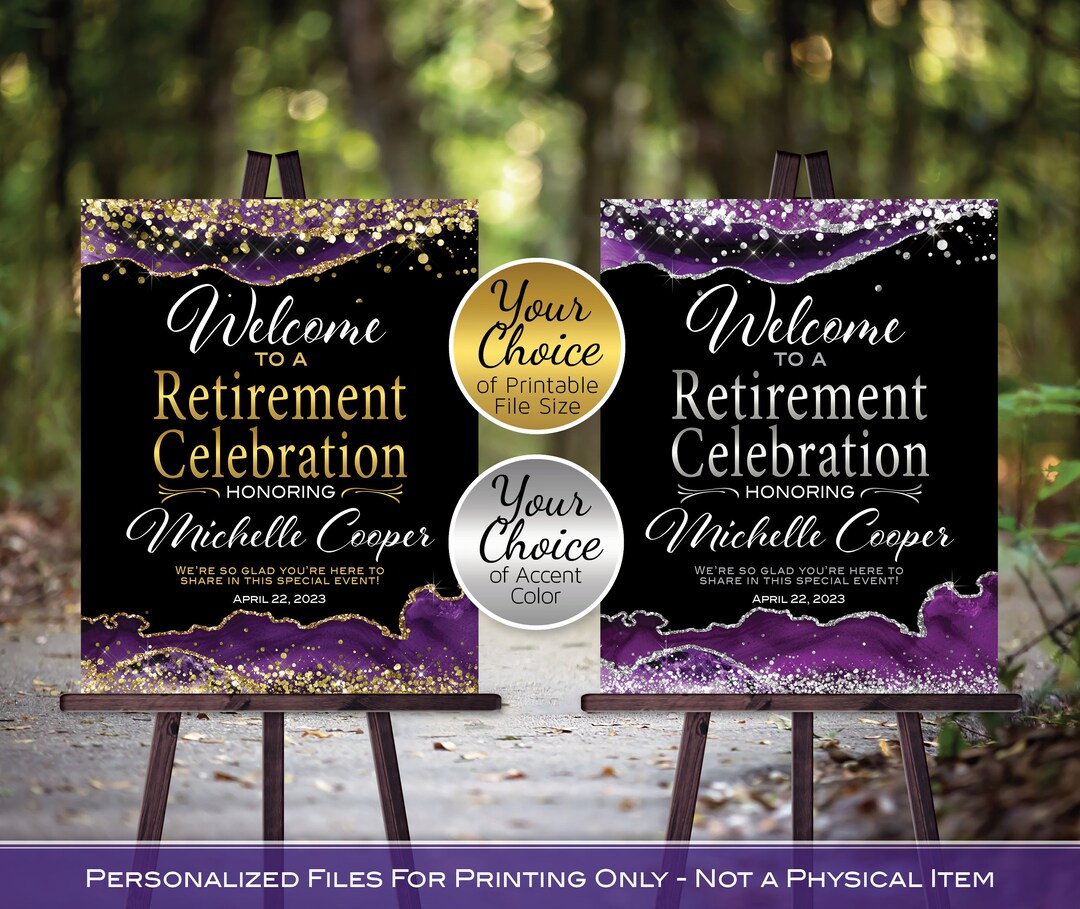 Retirement Celebration Welcome Sign Printables Purple and - Etsy