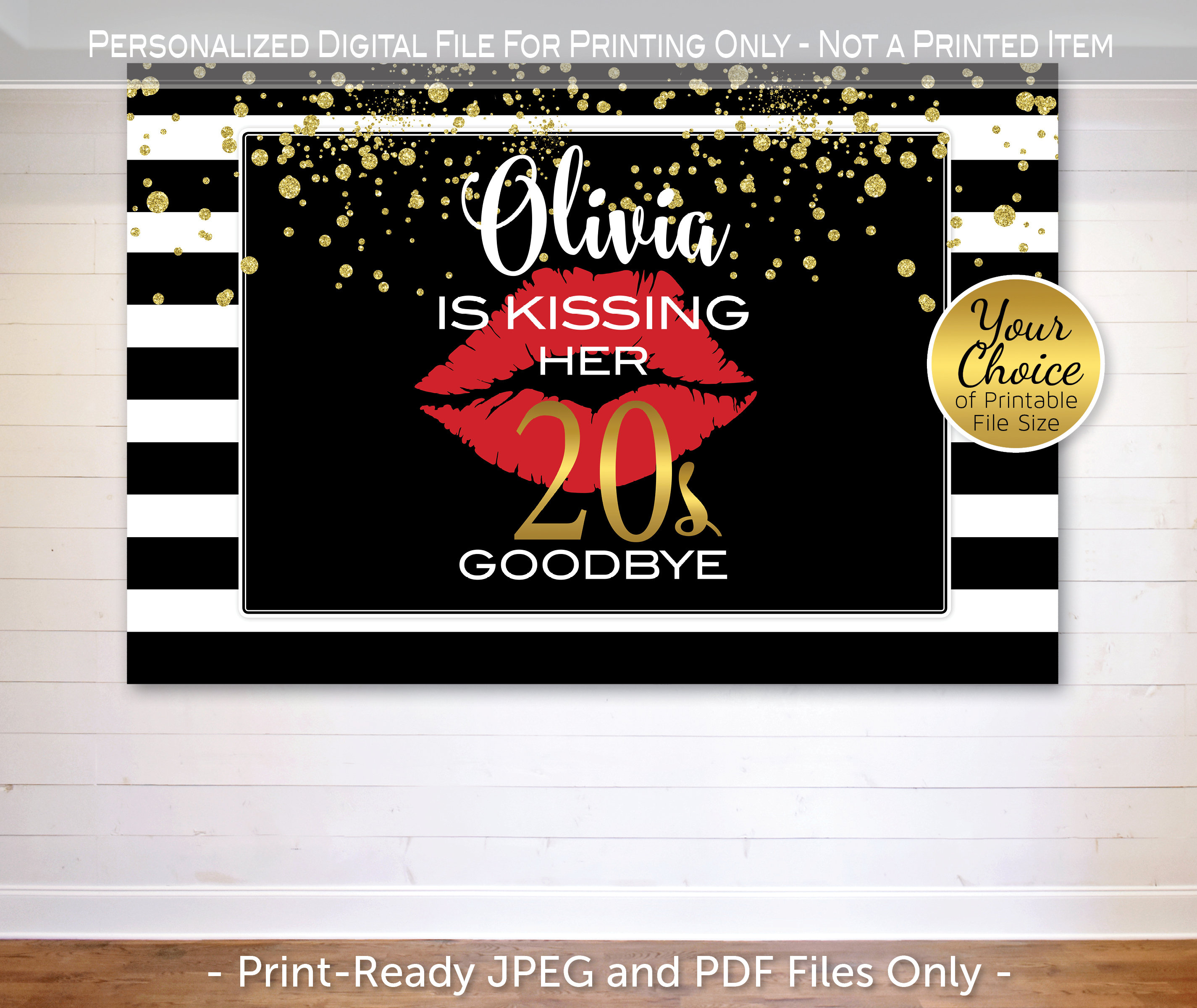 Kissing Goodbye Birthday Backdrop: Red Lips, Gold Confetti (digital ...