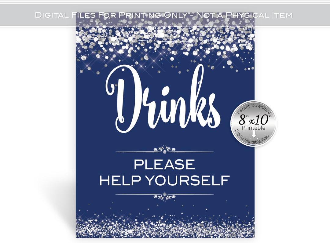 Drinks Table Sign | 8x10 | Navy Blue | Faux Silver Confetti and Garland ...