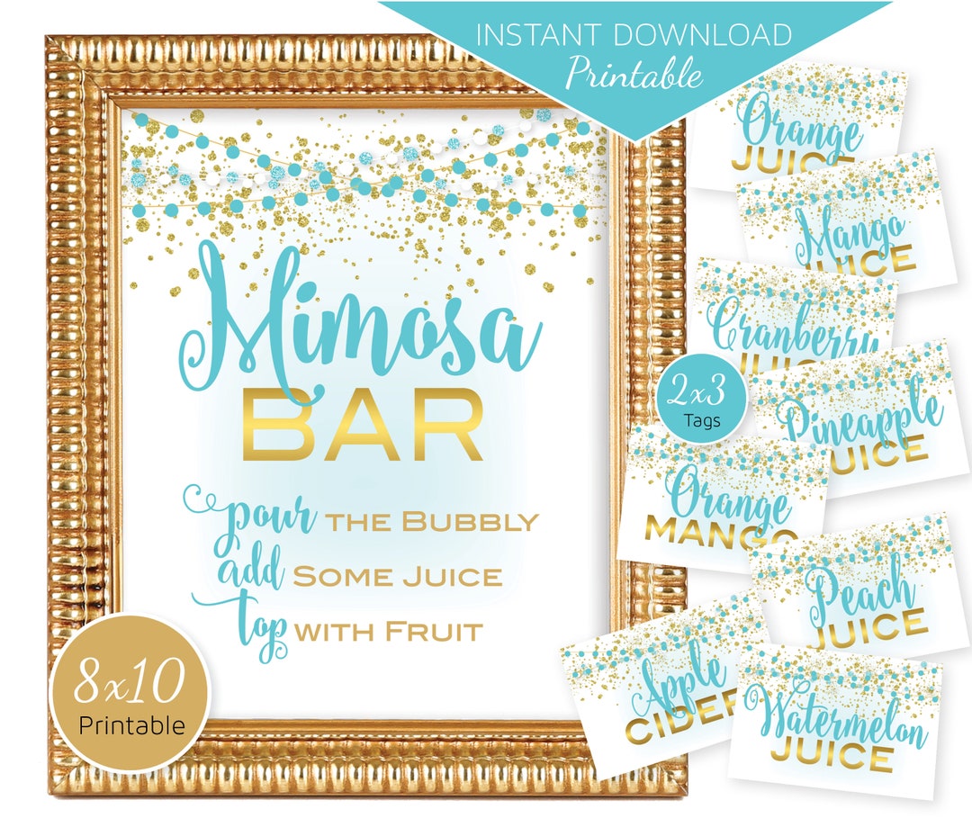 Mimosa Bar Sign & Juice Tags: Robin Egg Blue and Gold (digital Download ...