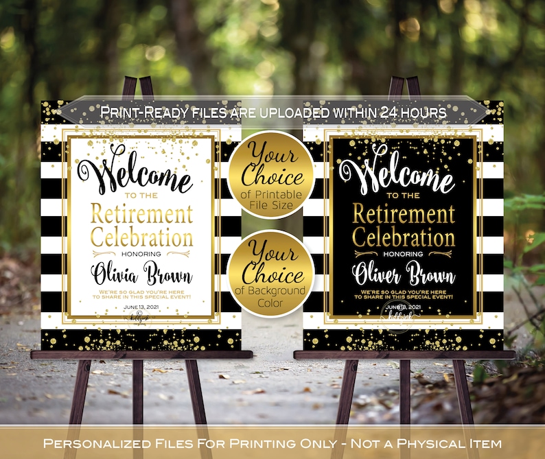 Personalized Retirement Party Welcome Sign: Black White Stripes & Gold ...