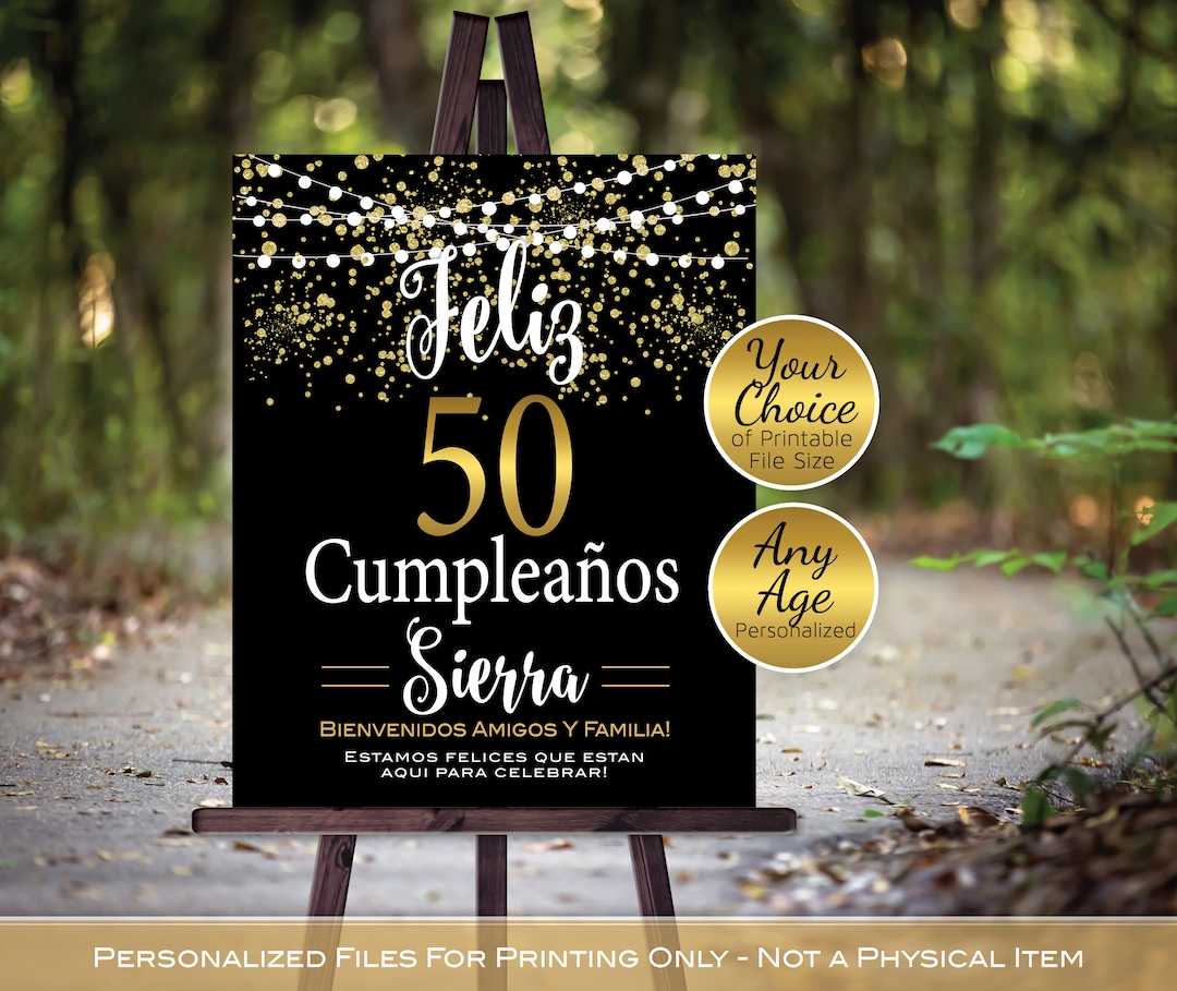 Spanish Birthday Welcome Sign: Gold Confetti Lights (digital Printable ...